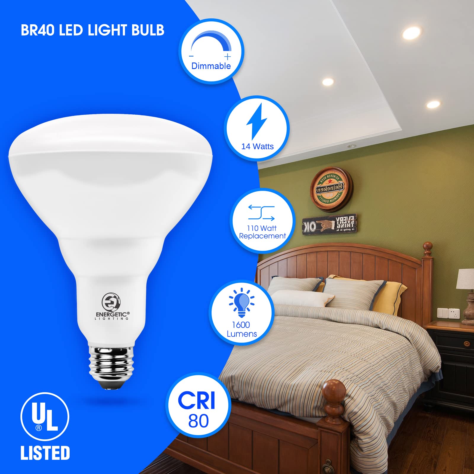 LED Recessed Light Bulbs BR40, 110W Equivalent 14W, Dimmable, 1600 High Lumens, Daylight 5000K, Indoor Flood Lights for Recessed Cans, UL Listed, 6 Pack