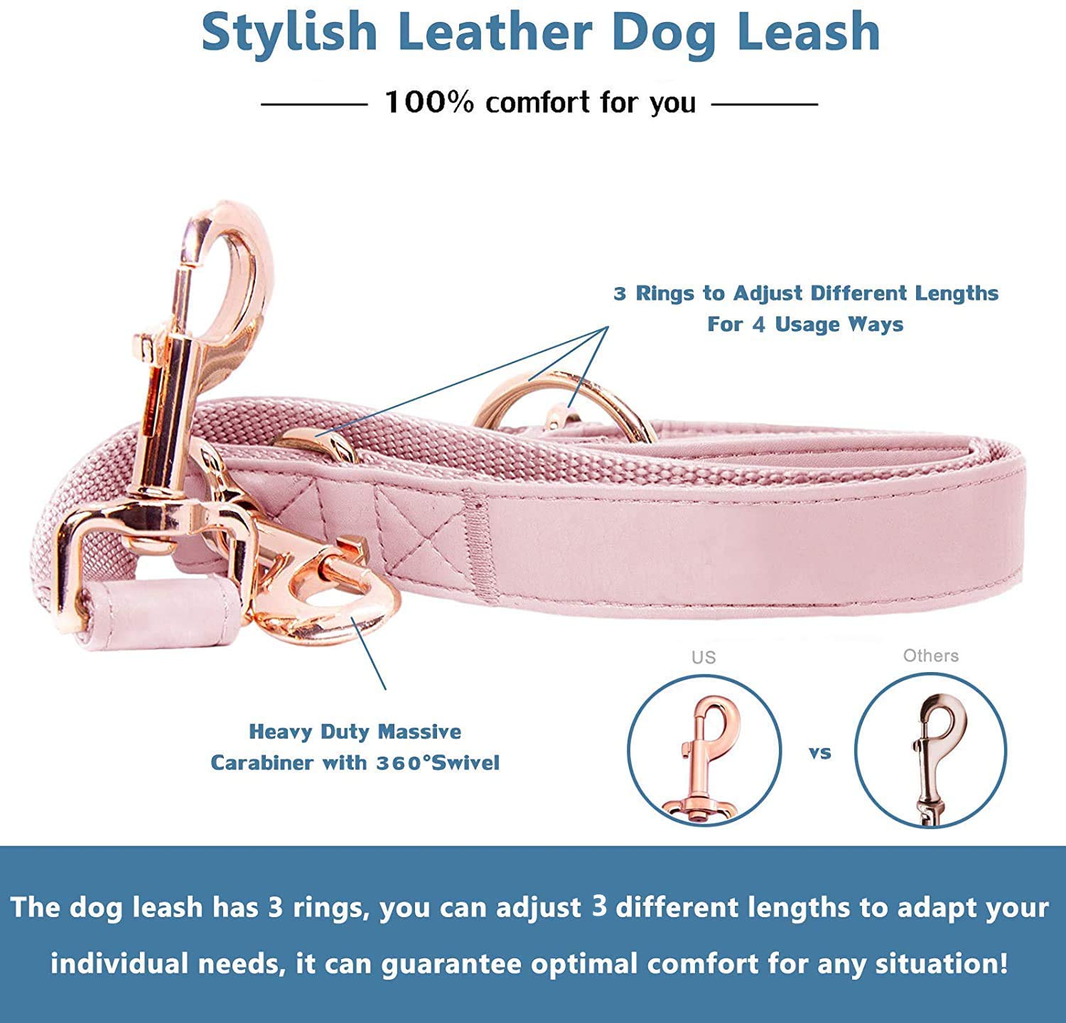 Soft Leather Dog Collar and Leash (6.6') Set - Stylish Rose Gold Heavy Duty Metal Buckle, 4 Adjustable Lengths Leash for Small Medium Large Dogs - Comfortable & Easy to Clean Pink M(13.8"-19.7")