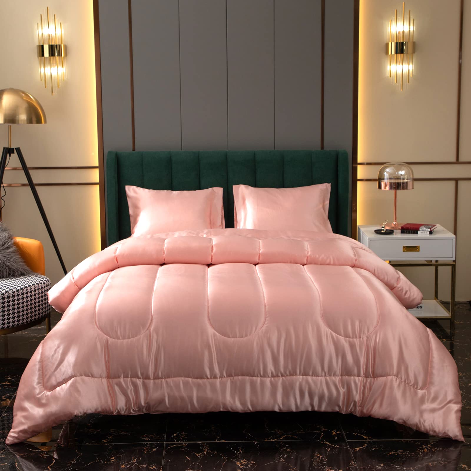 Satin Comforter Set King Size Silk Like Pink Comforter Silky Polyester Filling Bed Comforters Luxury Hotel Satin Pink Girls Bed Comforter 1 Comfrter 2 Pillowcase (King, Pink)