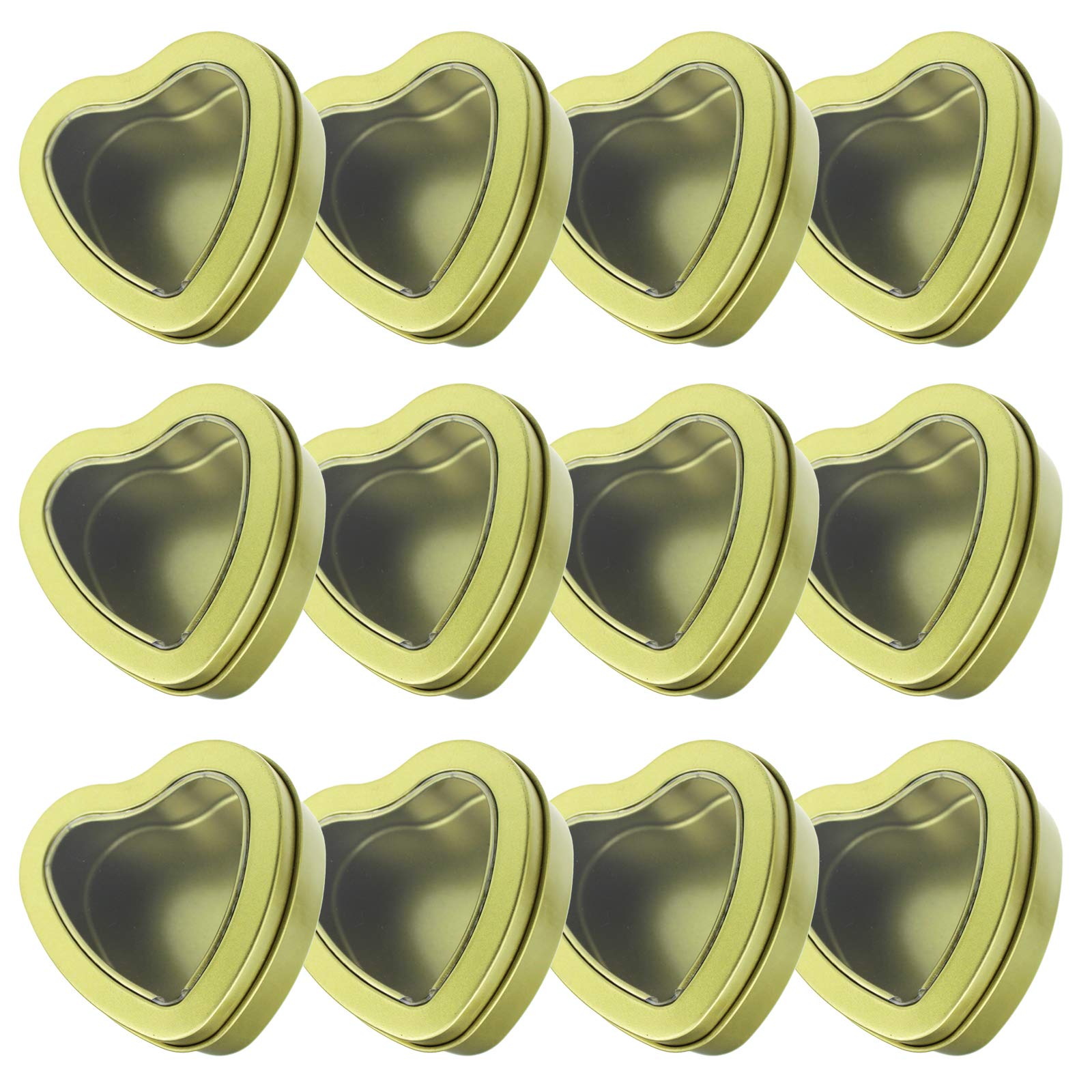 Thintinick 12-Pack 4oz Empty Heart Shaped Metal Tins with Clear View Window Lids for Candle Making, Candies, Gifts & Treasures (Golden)