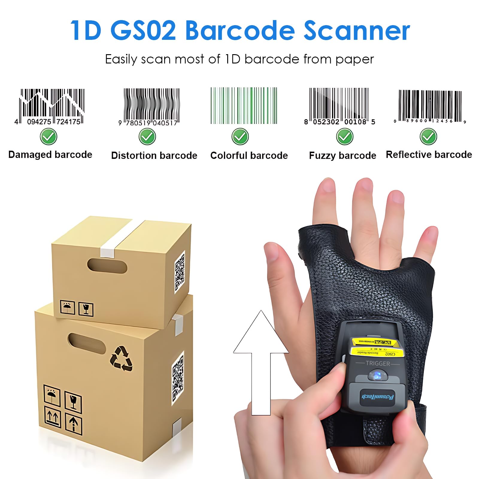 Posunitech Glove with Barcode Scanner 1D Reader NFC Support Mini Wireless Barcode Reader Zebra SE965 Compatible with Mac OS, Windows, Android 4.0+, ios