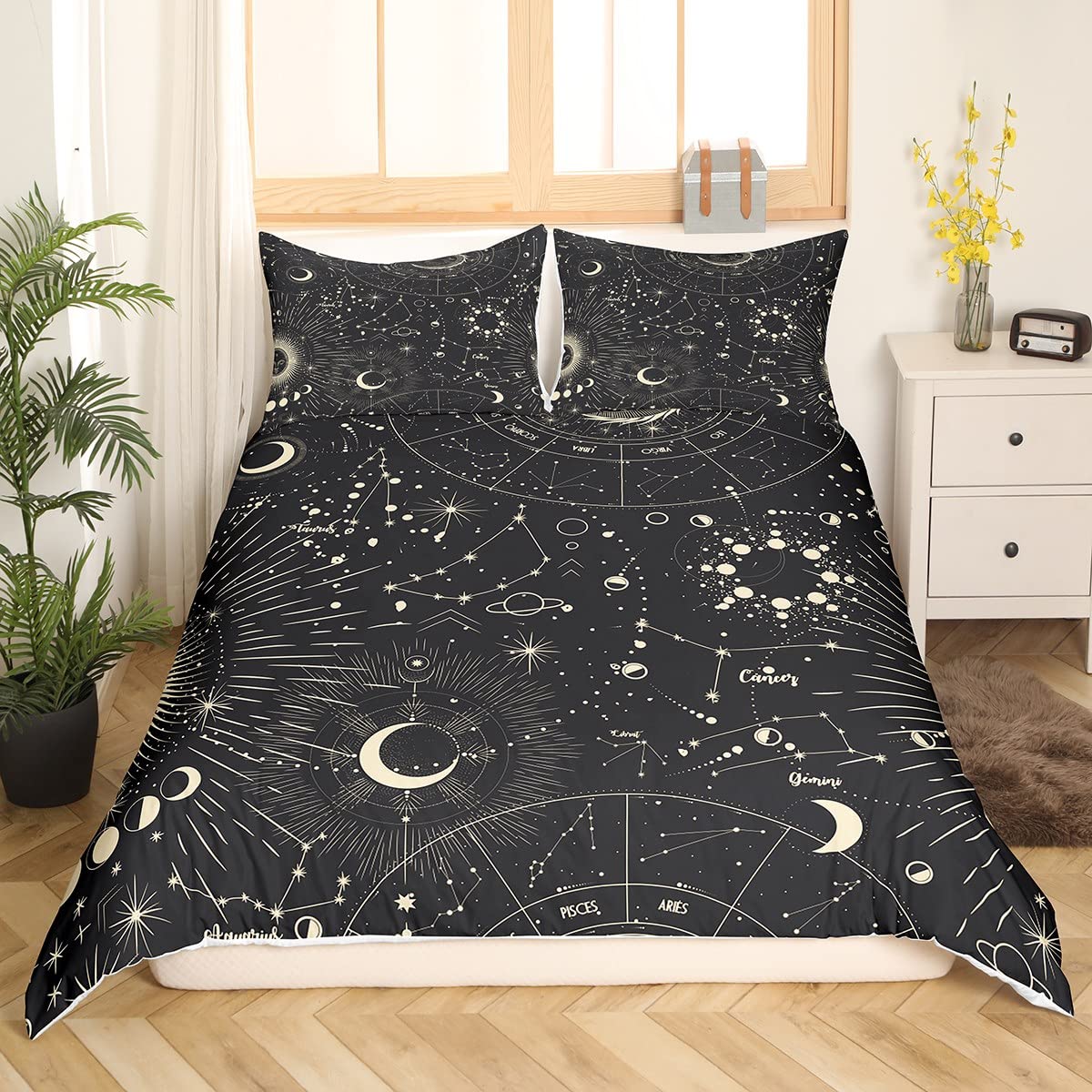 Feelyou Sun and Moon Duvet Cover Boho Exotic Bedding Set Galaxy Astrology Comforter Cover for Boys Girls Children Teens Bedroom Decor Chic Cute Luxury Zodiac Signs Bedspread Cover Queen Size