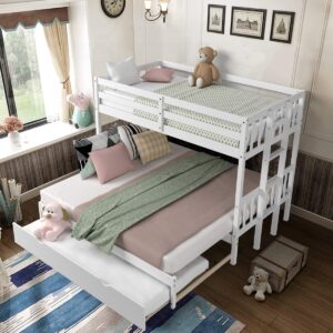 Giantex Twin Over Pull-Out Bunk Bed with Trundle, Extendable Twin/Full/Queen/King Bunk Bed, Solid Wood Bunk Bed with Ladder and Safety Rail, Wooden Bunk Beds for Kids Adults Teens, White