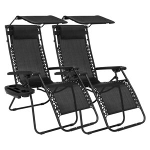 meet perfect zero gravity chairs set of 2 with canopy, adjustable outdoor recliners outdoor patio chairs folding reclining lounge chair w/pillows and cup holder trays- 2 pack, black