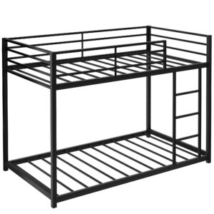 Twin Over Twin Metal Bunk Bed, Low Bunk Bed with Ladder for Kids,Toddlers,Teens,No Box Spring Needed， Black