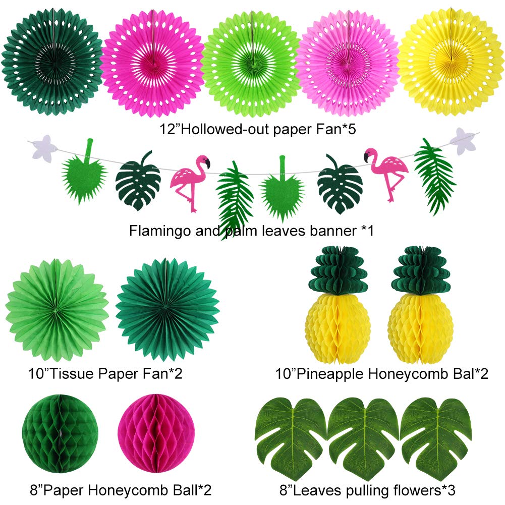 zilue Hawaiian Party Decorations, Tropical Birthday Party Supplies Flamingo and Palm Leaves Banner Tissue Paper Fan Pineapple Honeycomb Ball for Summer Luau Bachelorette Party