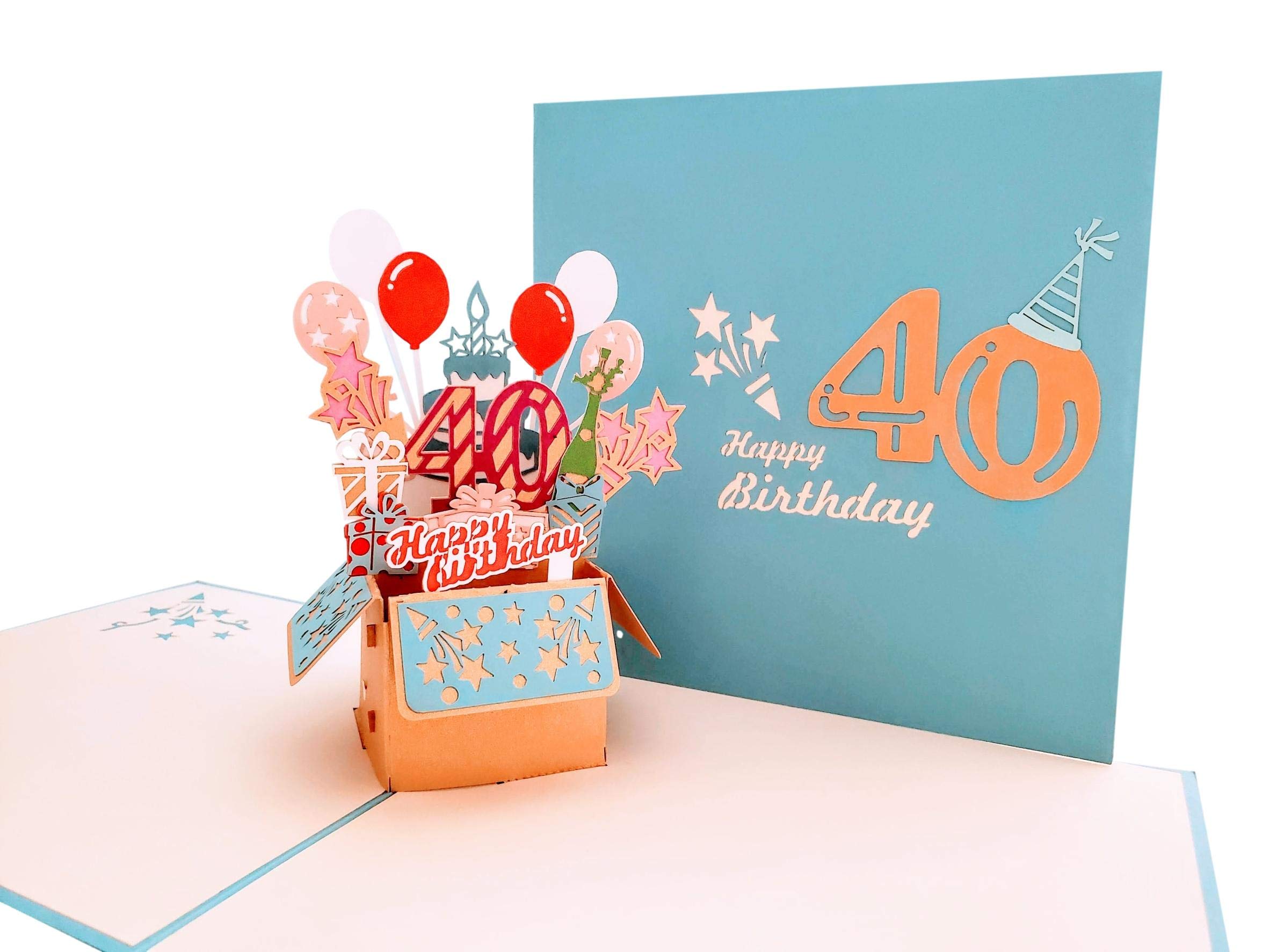 iGifts And Cards Happy 40th Blue Birthday Party Box 3D Pop Up Greeting Card – Forty, Awesome, Balloons, Presents, Unique, Celebration, Feliz Cumpleaños, Congrats, Fun