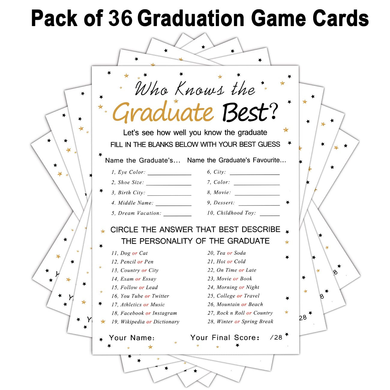 Fibevon Graduation Party Game Cards - Who Knows The Graduate Best (36-Pack)- Graduation Party Collection Grad Celebration Party Supplies for High School/College/Senior School