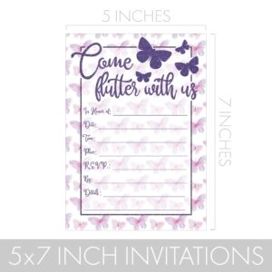 DISTINCTIVS Butterfly Birthday Party Invitations - Purple Butterfly Wishes - 10 Fill In Invite Cards with Envelopes - Come Flutter With Us Themed Party Supplies