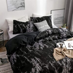 bsmilly marble duvet covers queen size black marble bedding set with soft and warm brushed microfiber men women modern abstract comforter cover with zipper closure, queen size