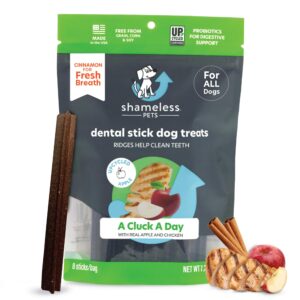 shameless pets dental treats for dogs, a cluck a day - healthy dental sticks with digestive support for teeth cleaning & fresh breath - dog bones dental chews free from grain, corn & soy