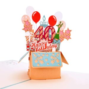 iGifts And Cards Happy 40th Blue Birthday Party Box 3D Pop Up Greeting Card – Forty, Awesome, Balloons, Presents, Unique, Celebration, Feliz Cumpleaños, Congrats, Fun