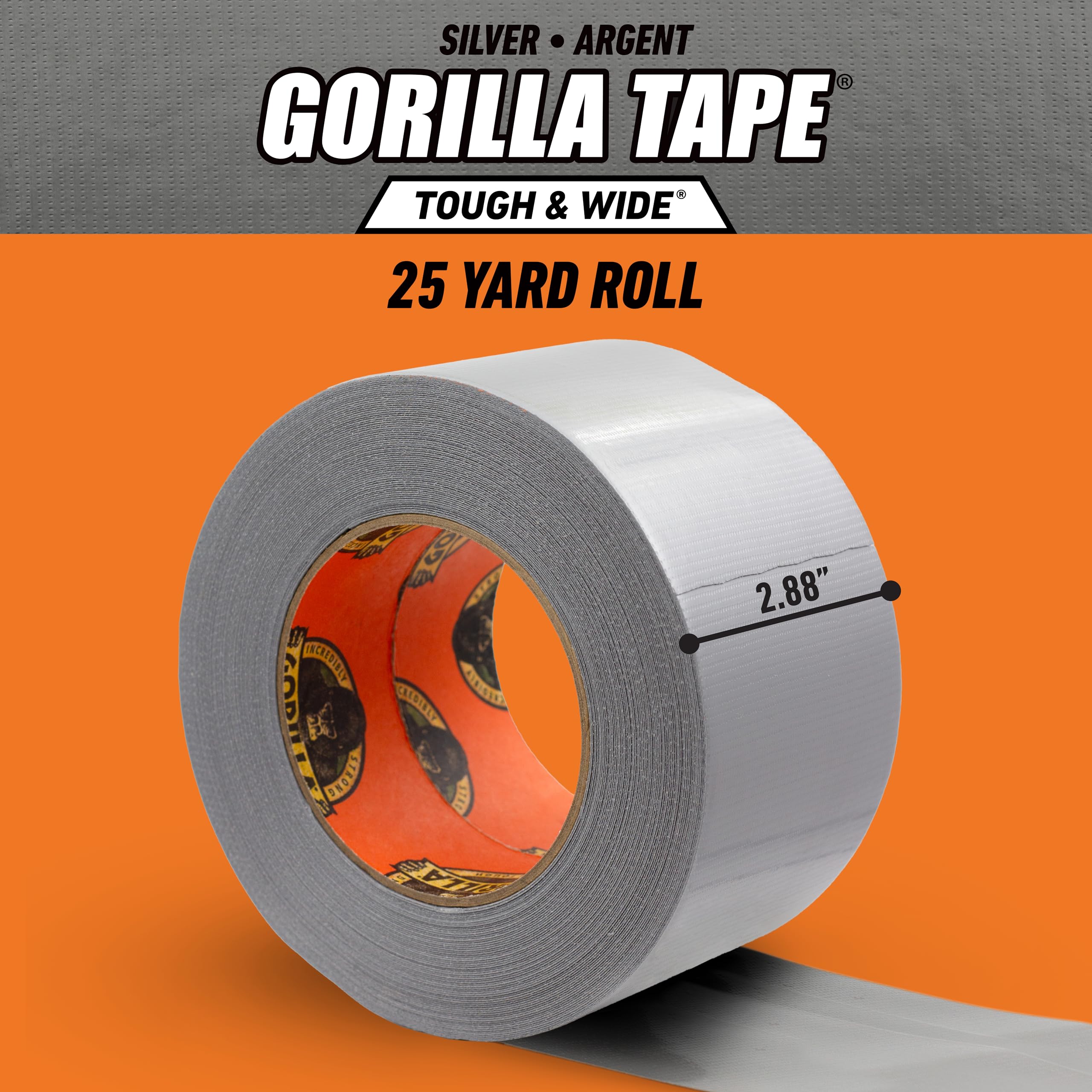 Gorilla Tough & Wide Duct Tape, 2.88" x 25yd, Silver, (Pack of 1)