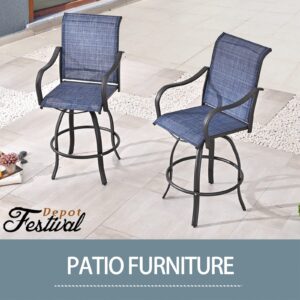 Festival Depot 2pcs Bar Bistro Patio Dining Chairs Textilene High Stools 360° Swivel Chairs with Curved Armrest and Metal Frame Outdoor Furniture for Garden Pool All-Weather (Blue)