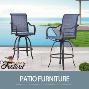 Festival Depot 2pcs Bar Bistro Patio Dining Chairs Textilene High Stools 360° Swivel Chairs with Curved Armrest and Metal Frame Outdoor Furniture for Garden Pool All-Weather (Blue)