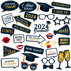 2024 graduation photo booth props, blue black red gold graduation decorations for graduation party supplies, upgraded version with long stick, 2024 grad party pose sign-32pcs