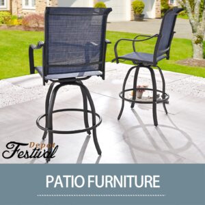 Festival Depot 2pcs Bar Bistro Patio Dining Chairs Textilene High Stools 360° Swivel Chairs with Curved Armrest and Metal Frame Outdoor Furniture for Garden Pool All-Weather (Blue)