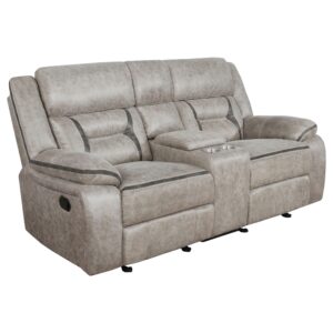 coaster home furnishings greer upholstered motion reclining loveseat taupe