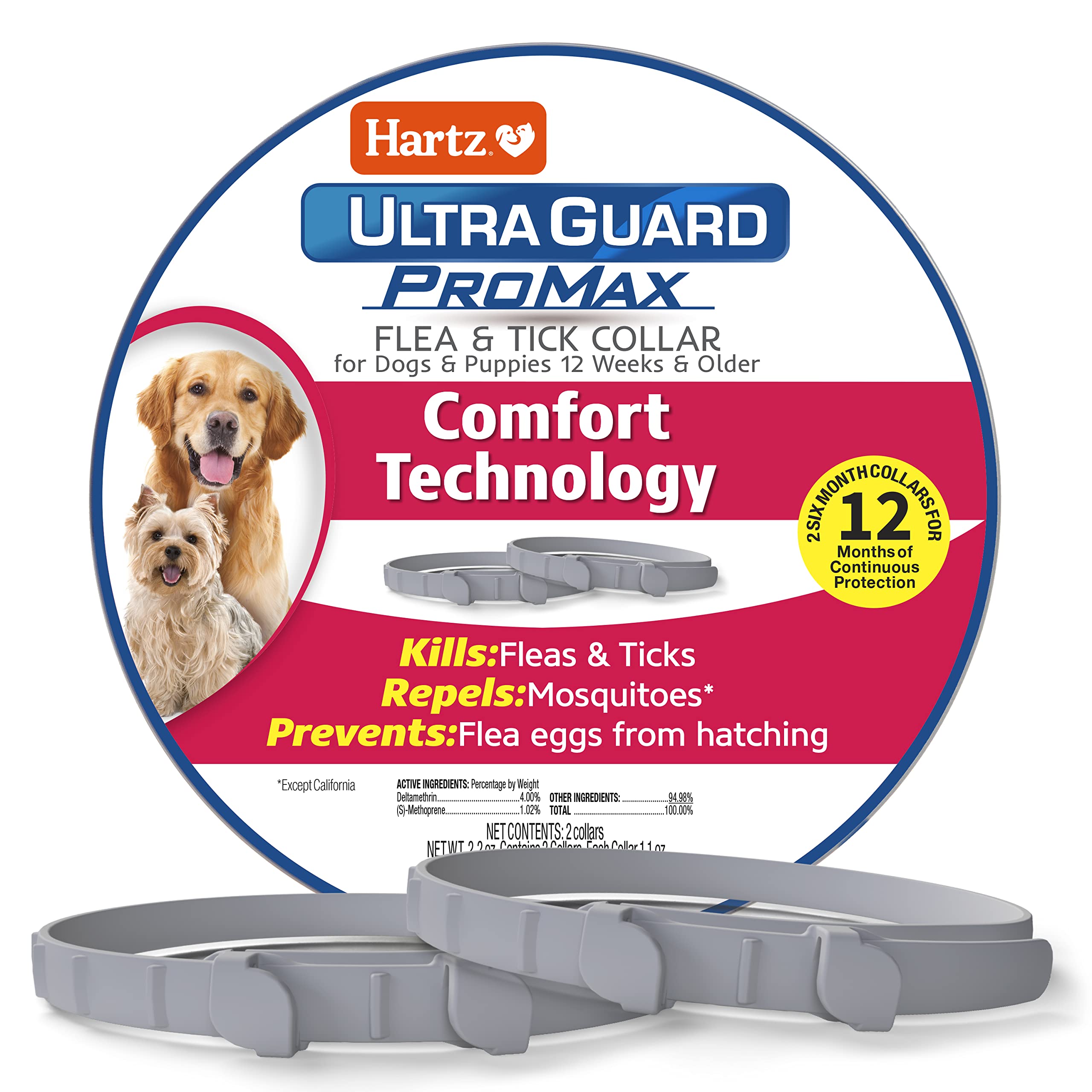 Hartz UltraGuard ProMax Flea & Tick Collar for Dogs I 12 Months Protection I Soft & Comfortable Flea & Tick Prevention I 2 Pack,Gray