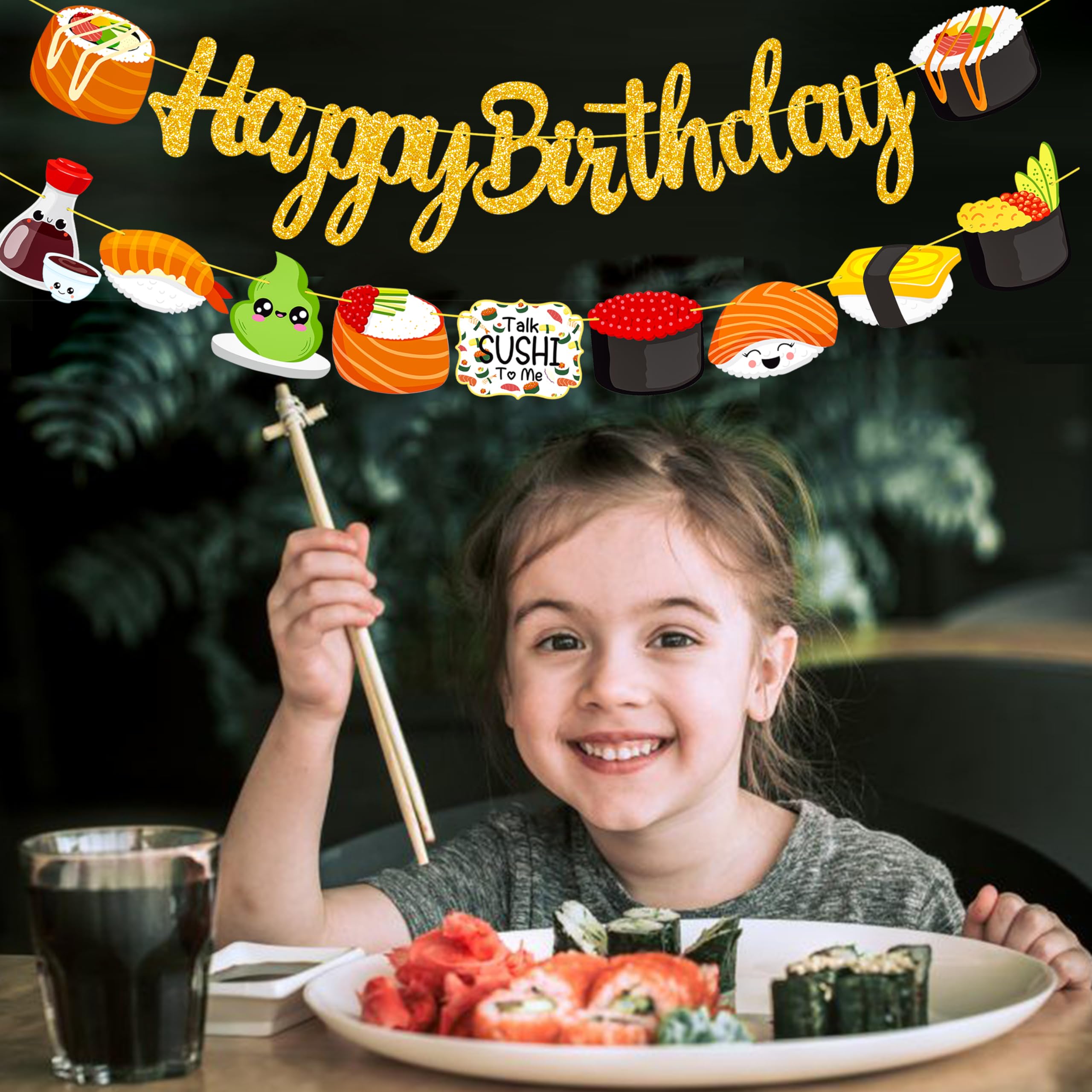 Sushi Happy Birthday Party Banners 2Pcs Glitter Sushi Garland Banners Let's Roll Sushi Party Cutout Banners Japanese Sushi Party Decorations for Sushi Theme Baby Shower Supplies