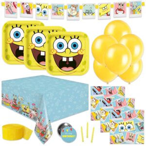 spongebob party supplies set | serves 16 guests | spongebob party decorations with table cover, banner decoration, spongebob plates, napkins, balloons, crepe streamer, candles and button