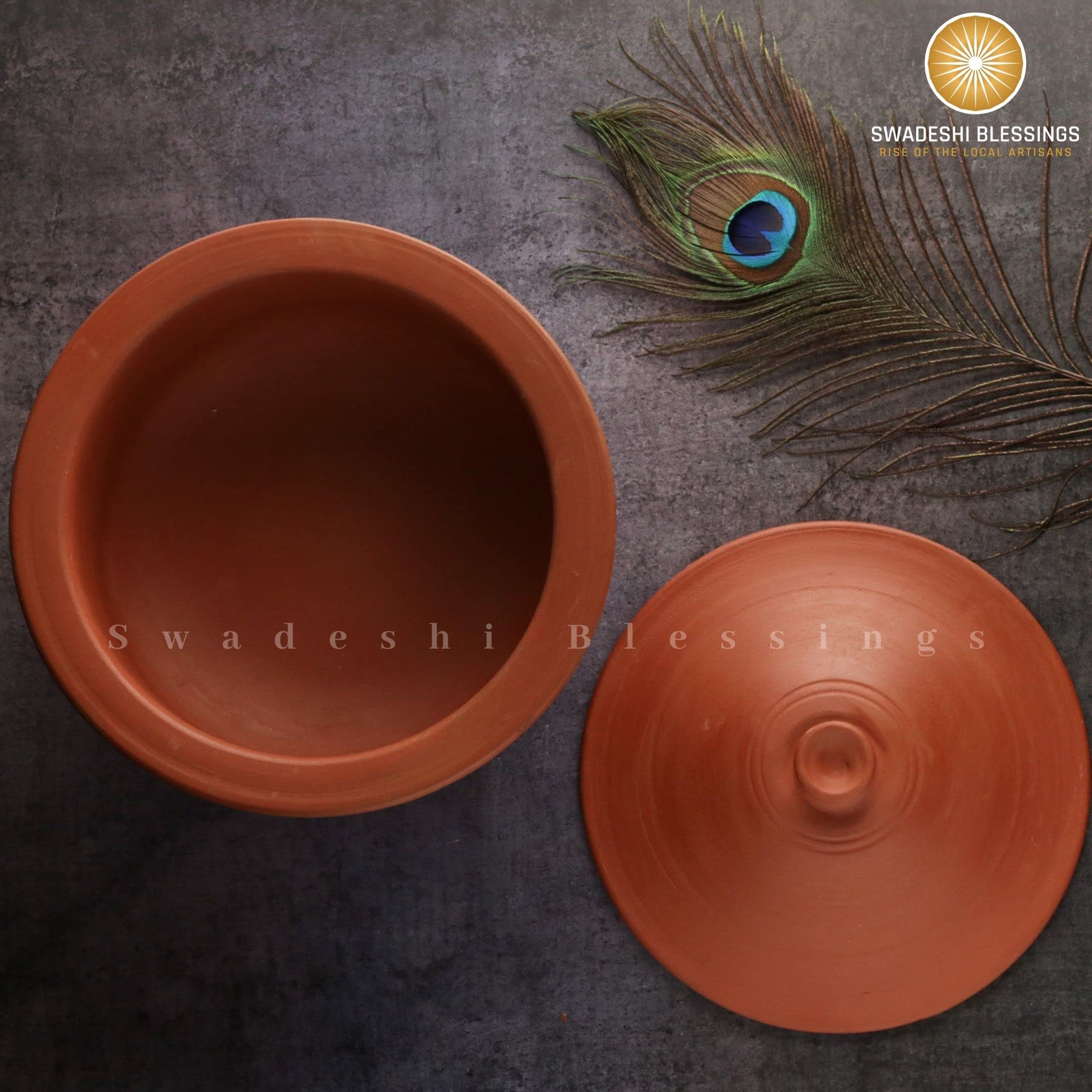 Swadeshi Blessings HandMade Exclusive Range Unglazed Earthen Kadai/Mud Handi/Mitti Ke Bartan/Clay Pot for Cooking & Serving with Lid(with Mirror Shine) + Free Palm Leaf Stand (3.5 Liters)