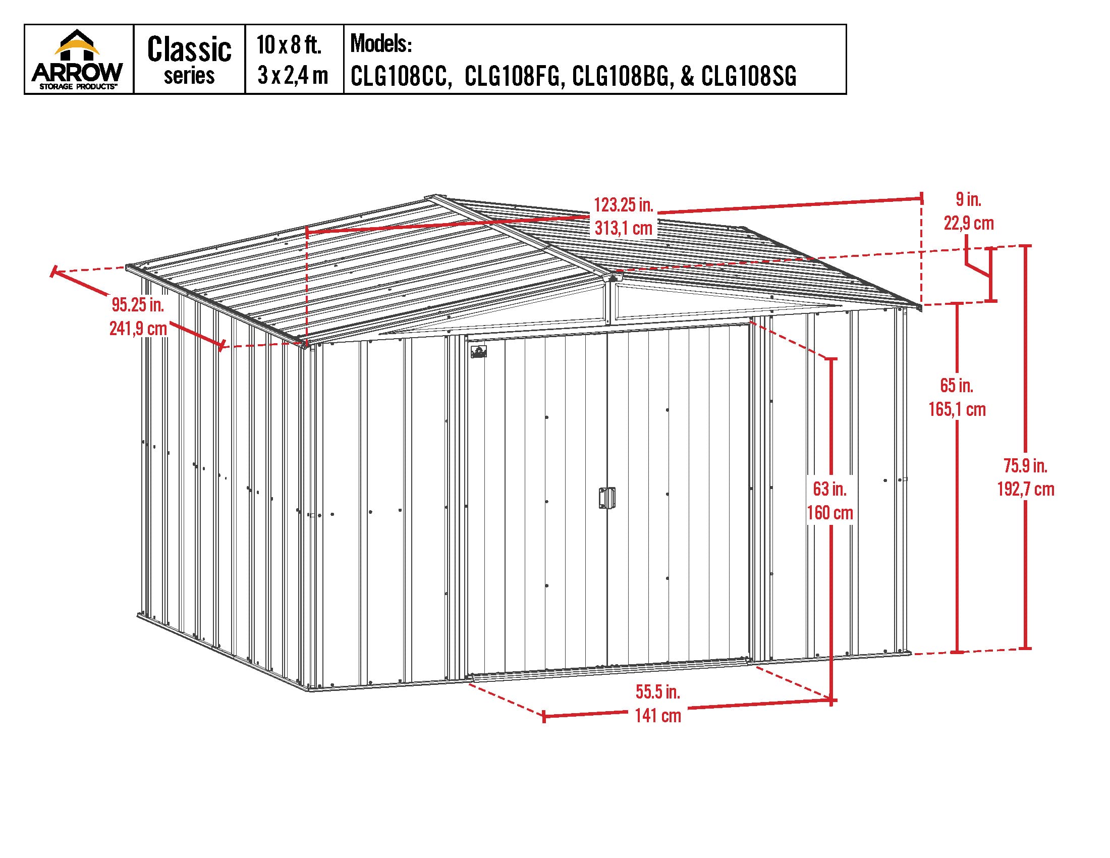 Arrow Classic Steel Storage Shed, 10x8, Charcoal