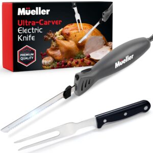 mueller ultra-carver electric knife for meat slicing, turkey carving knife, bread slicer, crafting foam, stainless steel blades, powerful motor, ergonomic handle, serving fork included, grey