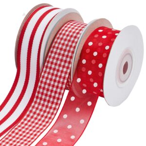 fabric ribbons red and white plaid ribbon for crafts, grosgrain striped ribbon for gift wrapping, 1 inch organza polka dot ribbon, 30 yard