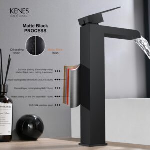 KENES Tall Bathroom Vessel Sink Faucet, Matte Black Tall Waterfall Bathroom Faucet, Single Handle Waterfall Bathroom Faucet Lavatory Vanity Faucet with Pop Up Drain & Water Supply Hoses LJ-9035A-2