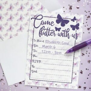 DISTINCTIVS Butterfly Birthday Party Invitations - Purple Butterfly Wishes - 10 Fill In Invite Cards with Envelopes - Come Flutter With Us Themed Party Supplies