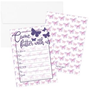 distinctivs butterfly birthday party invitations - purple butterfly wishes - 10 fill in invite cards with envelopes - come flutter with us themed party supplies