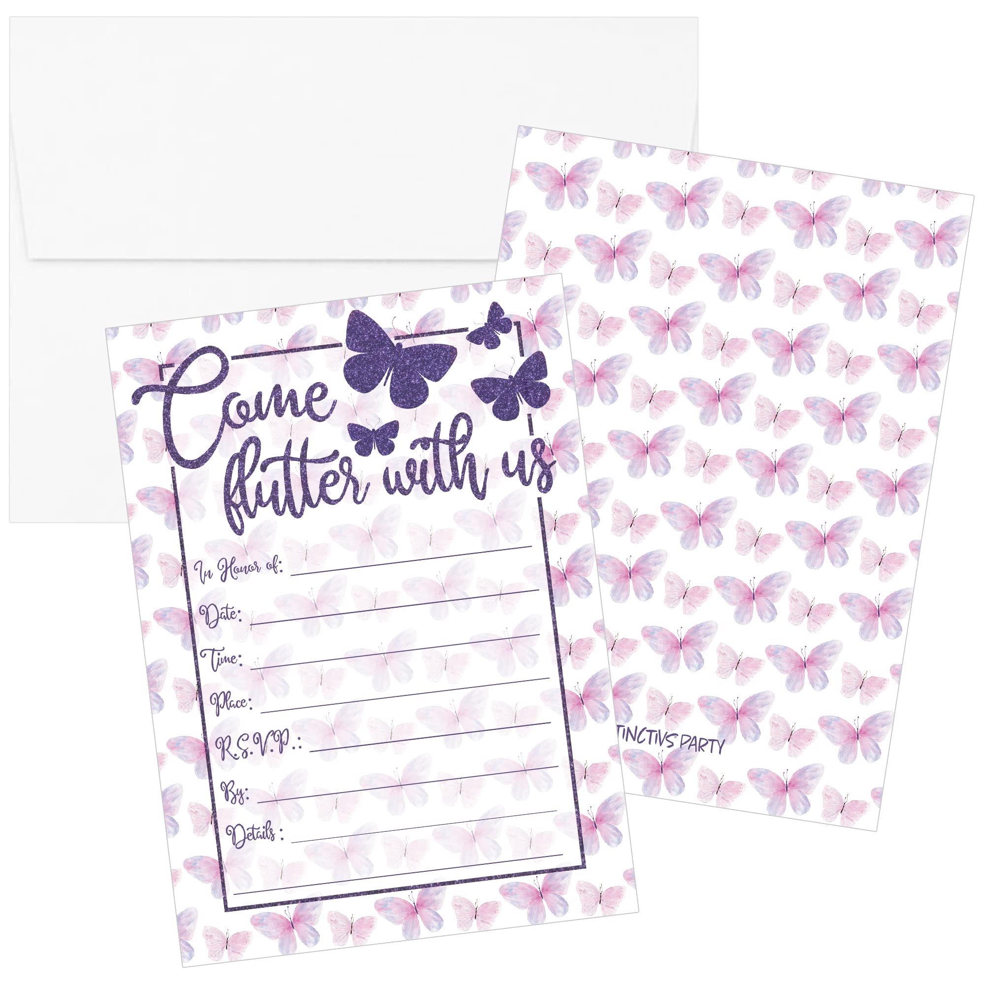 DISTINCTIVS Butterfly Birthday Party Invitations - Purple Butterfly Wishes - 10 Fill In Invite Cards with Envelopes - Come Flutter With Us Themed Party Supplies