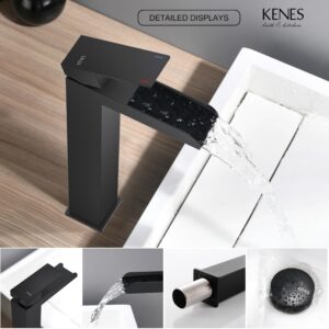 KENES Tall Bathroom Vessel Sink Faucet, Matte Black Tall Waterfall Bathroom Faucet, Single Handle Waterfall Bathroom Faucet Lavatory Vanity Faucet with Pop Up Drain & Water Supply Hoses LJ-9035A-2