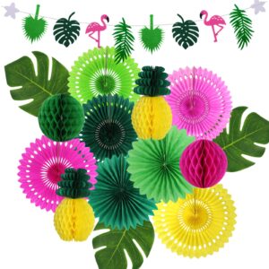 zilue hawaiian party decorations, tropical birthday party supplies flamingo and palm leaves banner tissue paper fan pineapple honeycomb ball for summer luau bachelorette party