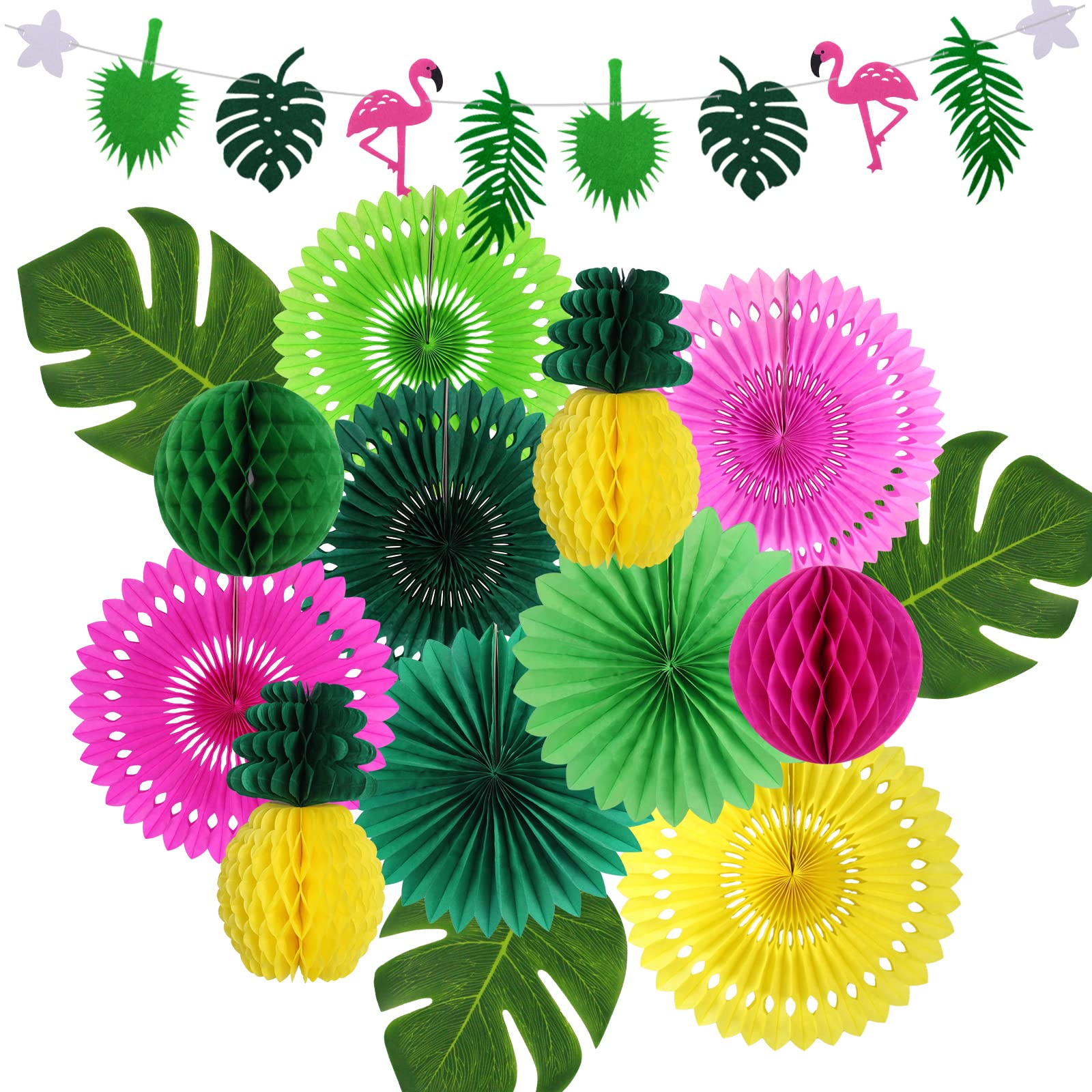 zilue Hawaiian Party Decorations, Tropical Birthday Party Supplies Flamingo and Palm Leaves Banner Tissue Paper Fan Pineapple Honeycomb Ball for Summer Luau Bachelorette Party