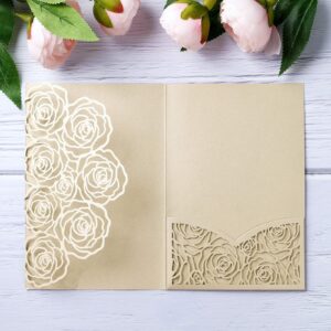 rodvanvo 20 pcs laser cut wedding invitations card pocket with envelope for birthday party baby or bride shower invite suitable for 5 * 7 inches insert paper (champagne)