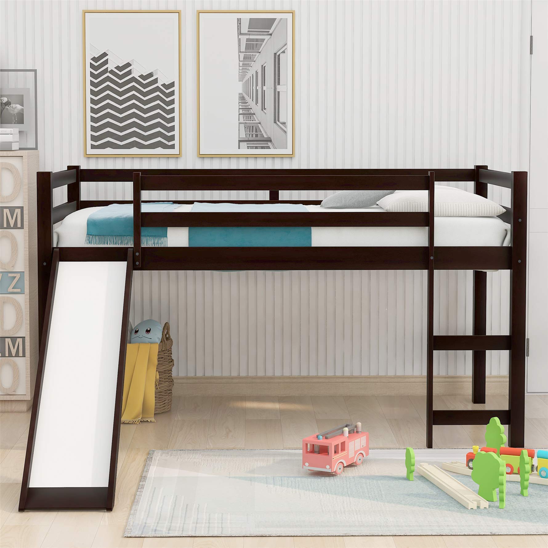 Harper & Bright Designs Loft Bed Twin with Slide, Kids loft Bed,Wood Low Profile for Kids, Built-in Ladder and Guard Rail,No Box Spring Needed,Espresso