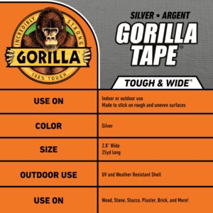 Gorilla Tough & Wide Duct Tape, 2.88" x 25yd, Silver, (Pack of 1)