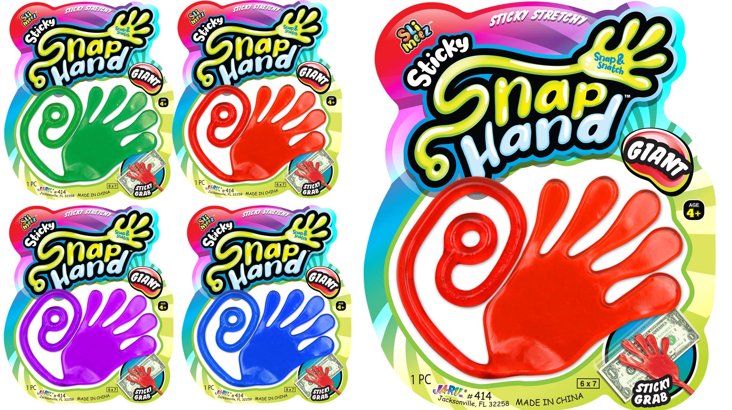 Fun a Ton Giant Snap Hand-Jumbo Sticky Hands Toy (4 Pack Assorted) Large Stretchy Toy for Kids. Party Favors, Classroom Prizes, Birthday Gifts Easter Day Goodie Bags Stuffers Bulk. 414-4s