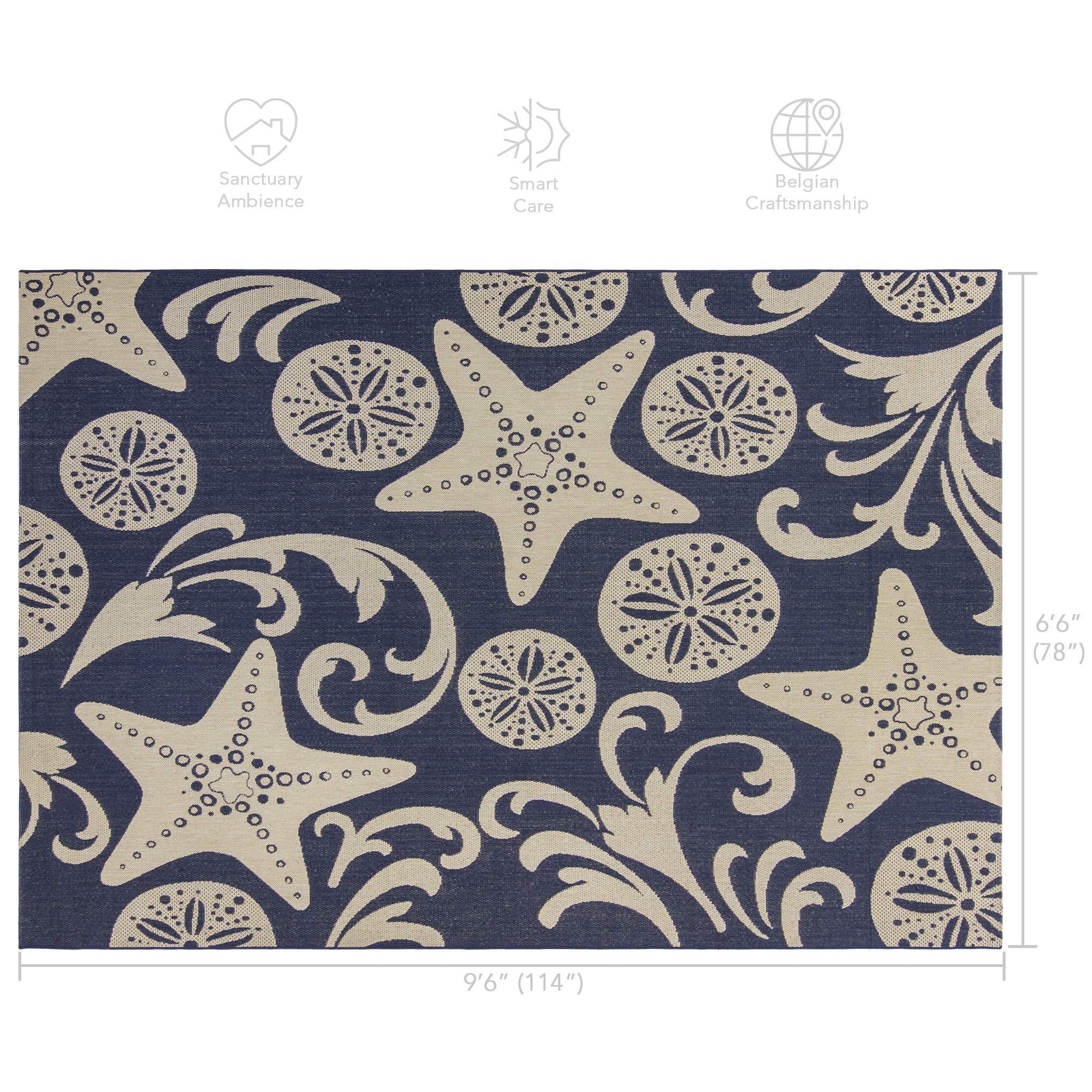 Gertmenian Indoor Outdoor Area Rug, Classic Flatweave, Washable, Stain & UV Resistant Carpet, Deck, Patio, Poolside & Mudroom, 6x9 Ft Medium, Party Starfish Sand Dollar, Navy Blue Sand