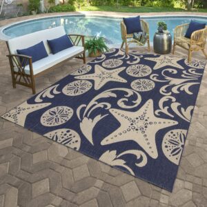 Gertmenian Indoor Outdoor Area Rug, Classic Flatweave, Washable, Stain & UV Resistant Carpet, Deck, Patio, Poolside & Mudroom, 6x9 Ft Medium, Party Starfish Sand Dollar, Navy Blue Sand