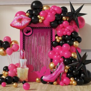 hot pink black metallic gold balloon garland kit with high heels balloons, red lips, lipstick foil balloons for princess themed birthday decoration makeup party bachelor party supplies