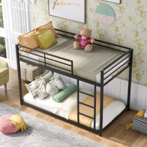 Twin Over Twin Metal Bunk Bed, Low Bunk Bed with Ladder for Kids,Toddlers,Teens,No Box Spring Needed， Black