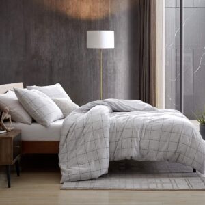 Kenneth Cole New York - Queen Duvet Cover Set, Reversible Cotton Bedding with Matching Shams, Modern Home Decor (Holden Grid Grey, Queen)