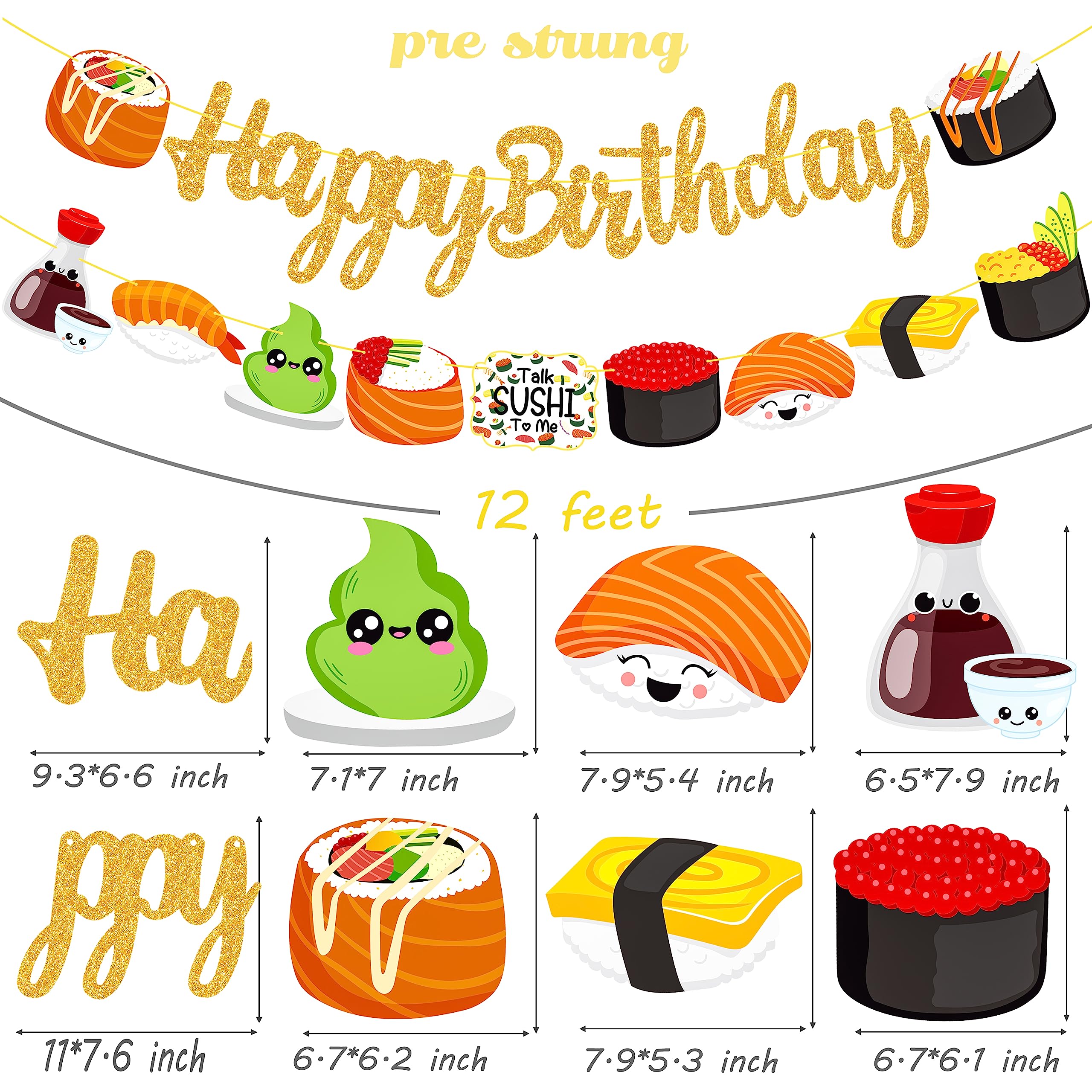 Sushi Happy Birthday Party Banners 2Pcs Glitter Sushi Garland Banners Let's Roll Sushi Party Cutout Banners Japanese Sushi Party Decorations for Sushi Theme Baby Shower Supplies