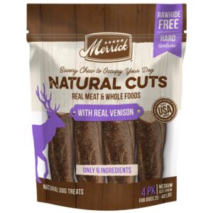 merrick natural cuts chicken free non rawhide medium dog treats, hard texture chew sticks with venison - 4 ct. pouch