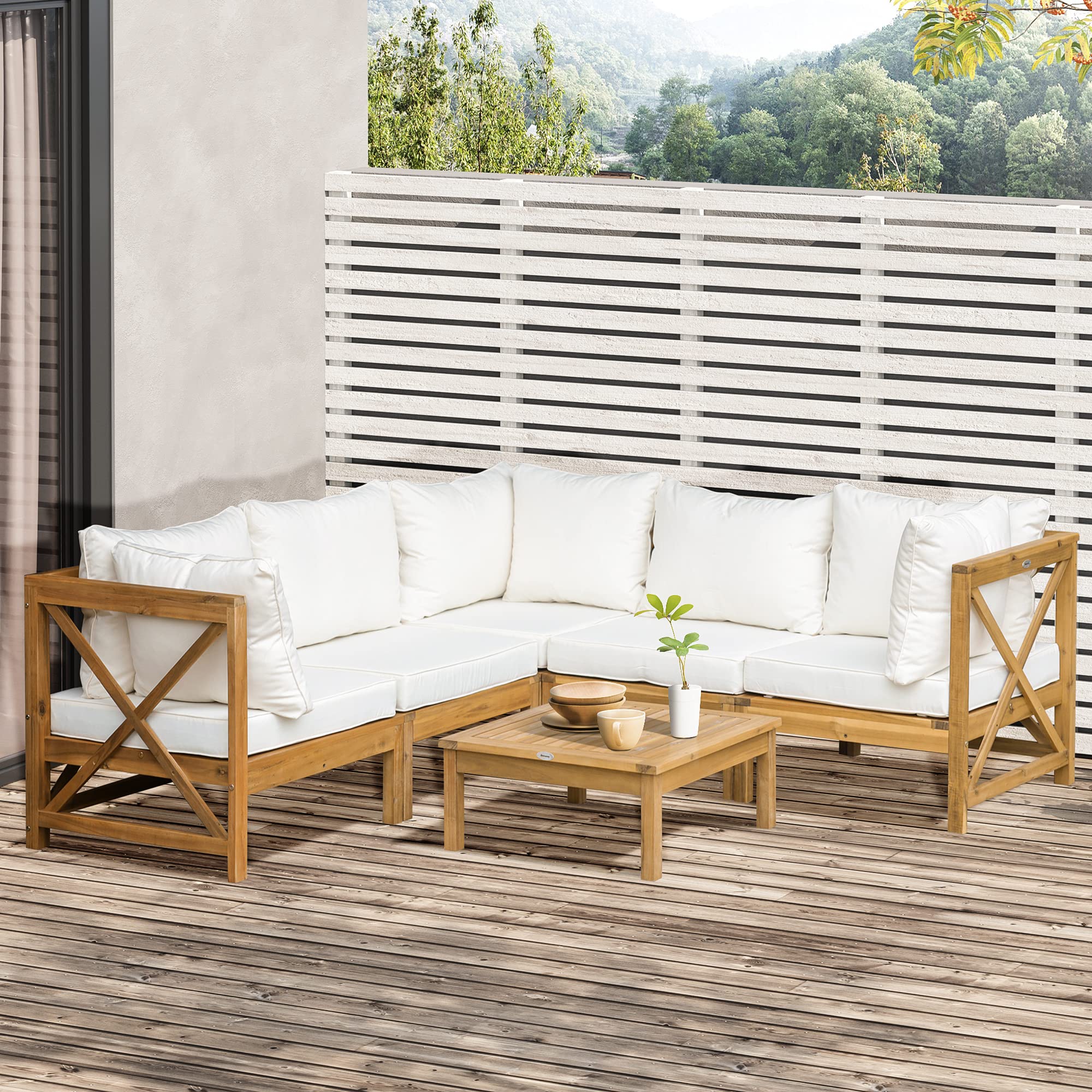 Outsunny 6 Piece Wood Patio Furniture Set, Outdoor Sectional Sofa with Cushions and Coffee Table, Acacia Wood Conversation Set Couch, Cream White