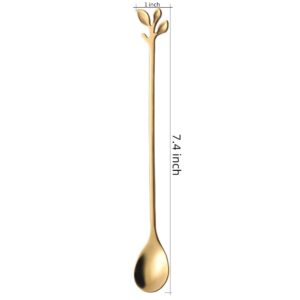 AnSaw Leaf Handle Long Teaspoons, 7.4" Gold Coffee & Tea Stirring Spoons, Stainless Steel Coffee Stir Spoon Set of 12