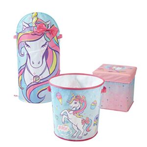 idea nuova jojo siwa believe in your dreams unicorn 3 piece collapsible storage set with collapsible ottoman, bin and figural dome pop up hamper, pink